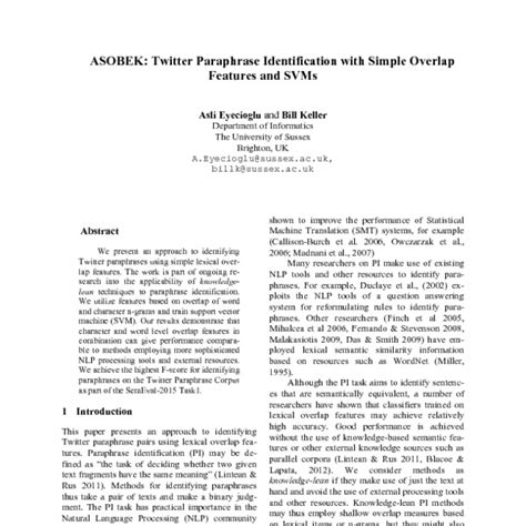 Twitter Paraphrase Identification With Simple Overlap Features And Svms Acl Anthology