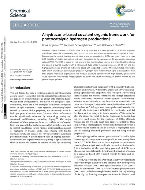 Pdf A Hydrazone Based Covalent Organic Framework For Photocatalytic Hydrogen Production