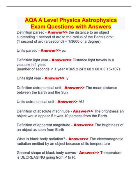 AQA A Level Physics Astrophysics Exam Questions With Answers A Level Physics Stuvia US