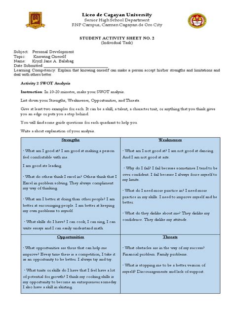 Kryzl Jane Balabag Activity Sheet 2 Swot Analysis Pdf