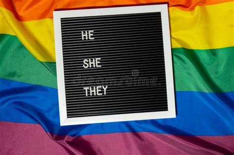 He She They Text Neo Pronouns Concept On Rainbow Flag Background Gender Pronouns Non Binary