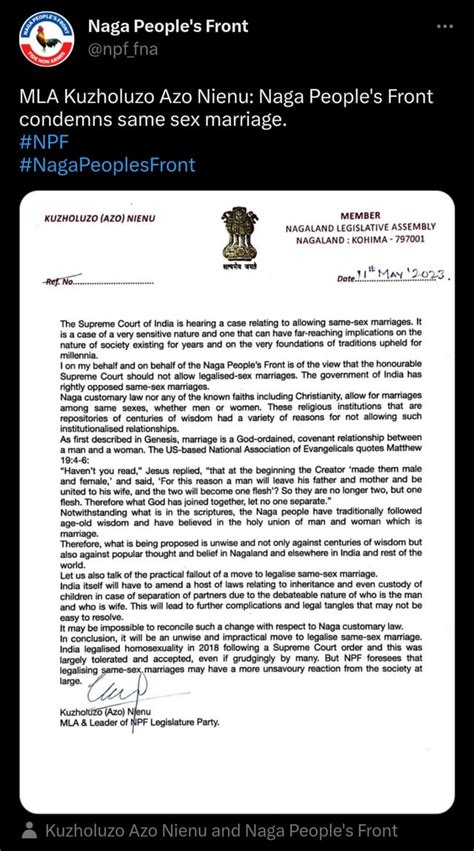 Naga Peoples Front Is The First Party To Officially Oppose Same Sex Marriage Rlgbt