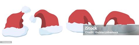 파란색 투명 배경에 고립 된 만화 빨간 산타 모자 세트입니다 개념 새해 복 과 함께 해 플랫 벡터 일러스트 장식입니다 산타 클로스 모자 Colllection 휴일 모자 에