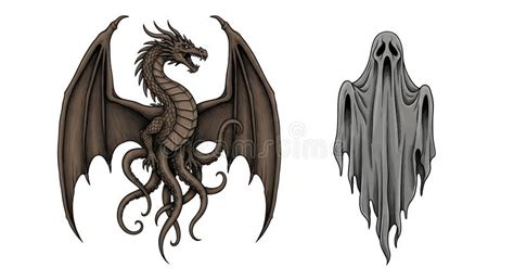 Fearsome Dragon With Tentacles And A Spooky Ghost Character Perfect