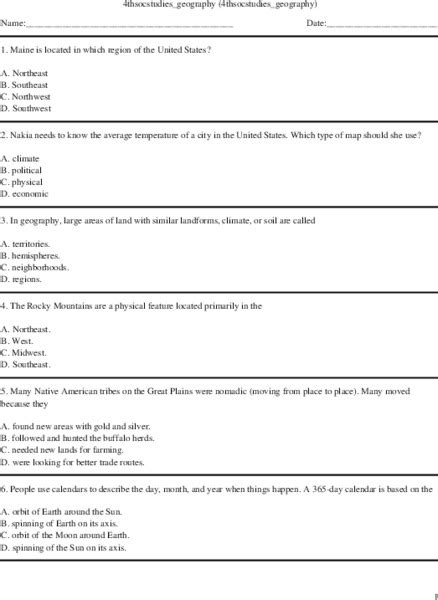4th Grade Geography Multiple Choice Worksheet For 4th Grade Lesson Planet