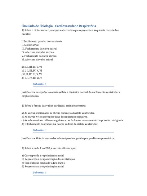 Simulado De Fisiologia Cardiovascular E Respiratória Pdf Respiração