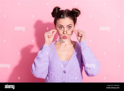 Photo Portrait Of Amazed Funky Girl In Glasses Wearing Violet Cardigan