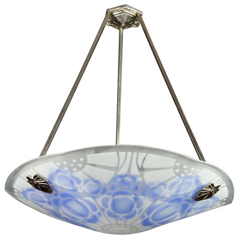 Loys Lucha Signed French Art Deco Blue And White Glass Pendant Light