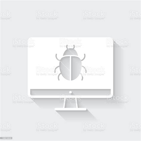 버그가 있는 데스크톱 컴퓨터입니다 빈 배경에 긴 그림자아이콘 플랫 디자인 3차원 형태에 대한 스톡 벡터 아트 및 기타 이미지