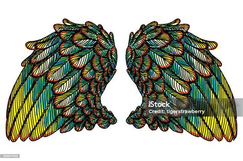 쌍이 글 새 또는 천사의 날개에 밖으로 화려한 확산 에칭된 목 판 빈티지 스타일 날개의 화려한 확산입니다 바디 아트에 대 한 아프리카 인도 토템 문신 디자인 개념 벡터입니다