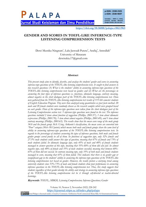 Pdf Gender And Scores In Toefl Like Inference Type Listening Comprehension Tests