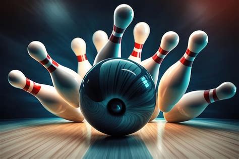 Imagem Da Bola De Boliche Acertando Pinos Marcando Um Strike Fundo De