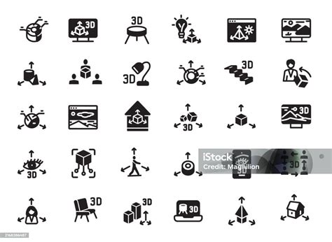 3d 모델링 및 디자인 아이콘은 3d 요소 도구 및 기호를 특징으로 하는 검은색으로 설정됩니다 360도 촬영에 대한 스톡 벡터 아트 및 기타 이미지 Istock
