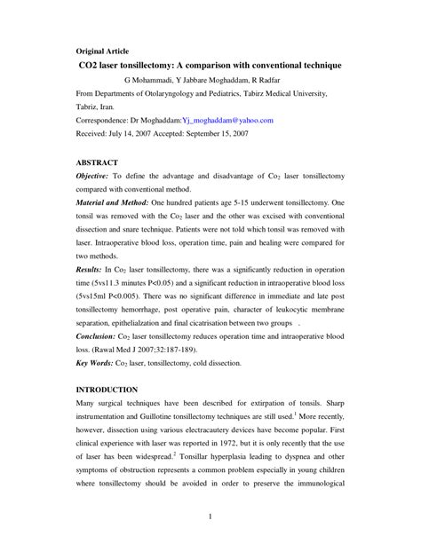 Pdf Co2 Laser Tonsillectomy A Comparison With Conventional Technique