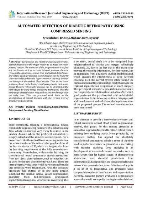 Irjet Automated Detection Of Diabetic Retinopathy Using Compressed Sensing Pdf