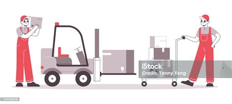 배달 서비스 물류 노동자 창고 팀 개요 배달 서비스 지게차 창고 소포 저장 노동자 벡터 일러스트 레이 션 세트 창고 개념 개념에 대한 스톡 벡터 아트 및 기타 이미지