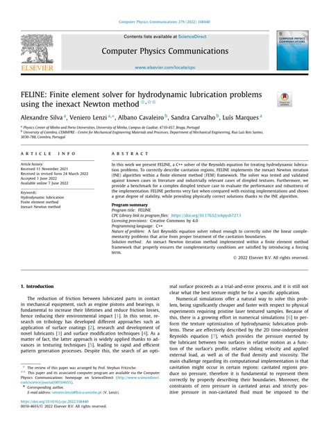 Pdf Feline Finite Element Solver For Hydrodynamic Lubrication