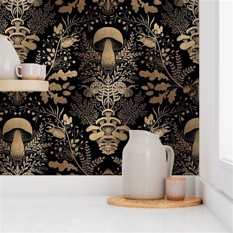 Mushroom Forest Damask Pattern Black And Wallpaper Spoonflower