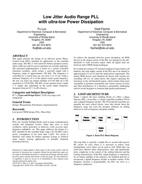 Pdf Low Jitter Audio Range Pll With Ultra Low Power Dissipation