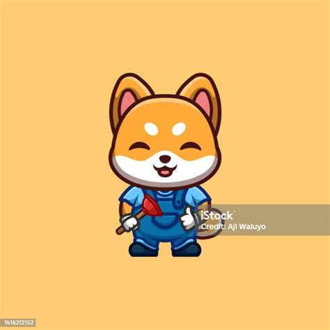 시바 이누 배관공 귀여운 크리에이티브 카와이 만화 마스코트 로고 건설업자에 대한 스톡 벡터 아트 및 기타 이미지 건설업자