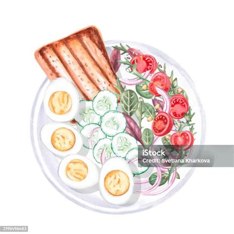 채식 아침 식사 접시 토스트 오이 토마토 삶은 달걀 채소 요리책 레스토랑 메뉴의 디자인을 위한 음식을 주제로 한 고립된 수채화 그림 가정 생활에 대한 스톡 벡터 아트 및
