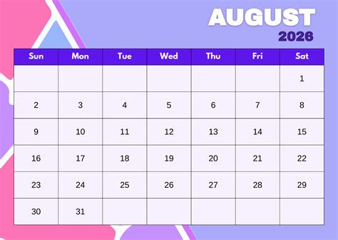 Free Printable August 2026 Calendar Template