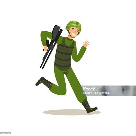 보병 부대의 무기 벡터 일러스트 레이 션과 위장 전투 제복 실행에서 군인 캐릭터 남자에 대한 스톡 벡터 아트 및 기타 이미지