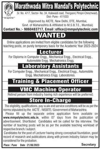Marathwada Mitra Mandals Polytechnic Pune Wanted Teaching And Non