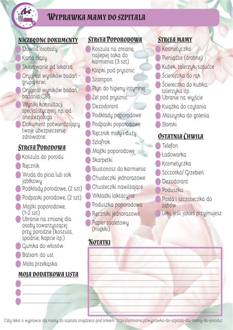 Wyprawka Do Szpitala Dla Mamy Do Porodu Checklista PDF ArtMama Pl Kreatywny Blog