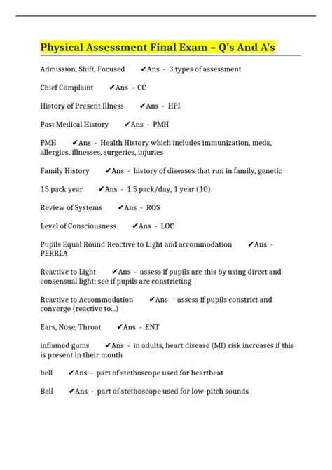 Physical Assessment Final Exam Qs And As Physical Assessment