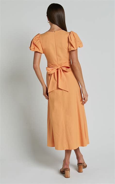 Cruz Midi Dress Puff Sleeve Ring Cut Out Dress In Sherbet Showpo