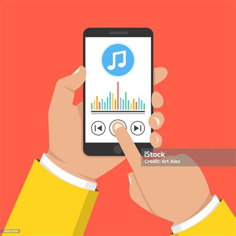 화면에 음악 플레이어 응용 프로그램과 함께 스마트 폰을 들고 손 플랫 만화 스타일 벡터 그림입니다 Brand Name Smart