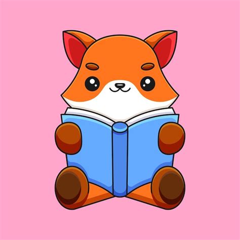 귀여운 여우 읽기 책 만화 마스코트 낙서 예술 손으로 그린 개념 벡터 가와이이 아이콘 그림 프리미엄 벡터