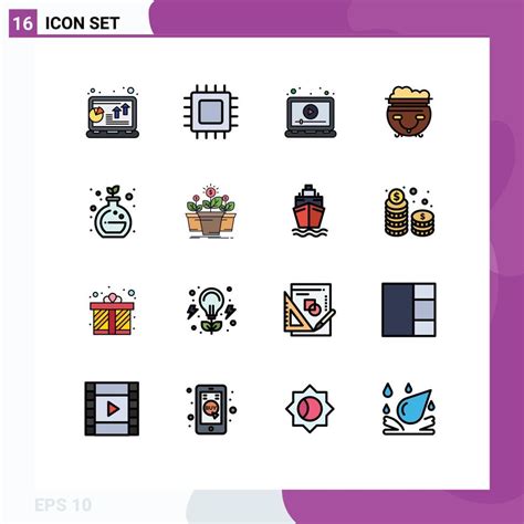 Set Of 16 Vector Flat Color Filled Lines On Grid For Eat Food Gadget Video Marketing Editable