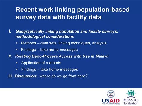 Recent Work Linking Population Based Survey Data With Facility Data Ppt