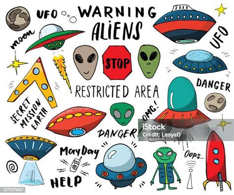 外星人和 Ufo 手繪素描集可愛的卡通外星宇宙飛船塗鴉和字母向量插圖向量圖形及更多一組物體圖片 一組物體 不明飛行物體 卡通 Istock