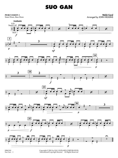 Suo Gân arr John Higgins Percussion by Welsh Carol Concert Band Digital Sheet Music