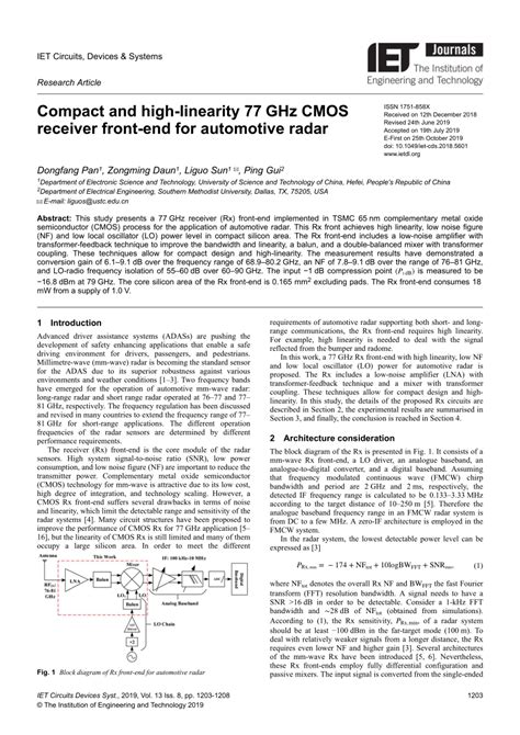 Pdf A Compact And High Linearity 77 Ghz Cmos Receiver Front End For Automotive Radar