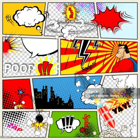 만화 템플릿입니다 벡터 레트로 만화 연설 거품 그림입니다 텍스트 연설 Bubbls 기호 음향 효과 컬러 하프톤 배경과 슈퍼 히어로에 대 한 장소가 있는 만화책 페이지의 모형