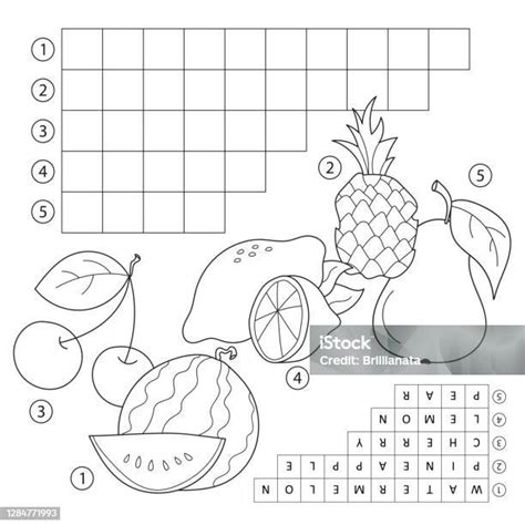เกมปริศนาอักษรไขว้กับผลไม้ หน้าการศึกษาสําหรับเด็ก คําภาษาอังกฤษ ภาพประกอบสต็อก ดาวน์โหลดรูป