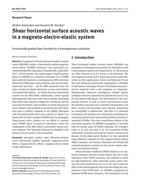 Pdf Shear Horizontal Surface Acoustic Waves In A Magneto Electro