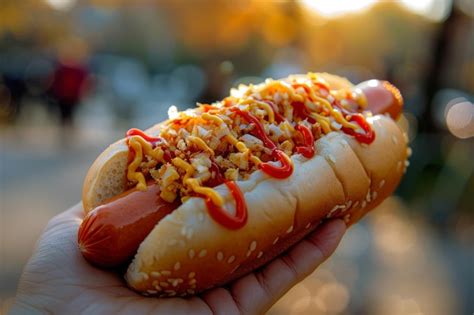 Premium Photo Loaded Hot Dog With Toppings In Hand