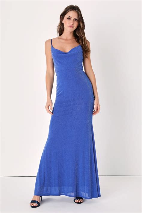 Blue Shiny Maci Dress Cowl Neck Maxi Dress Mermaid Maxi Dress Lulus