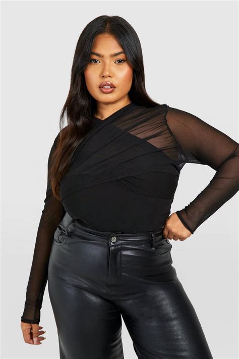 Plus Mesh Cross Neck Bodysuit Boohoo Uk
