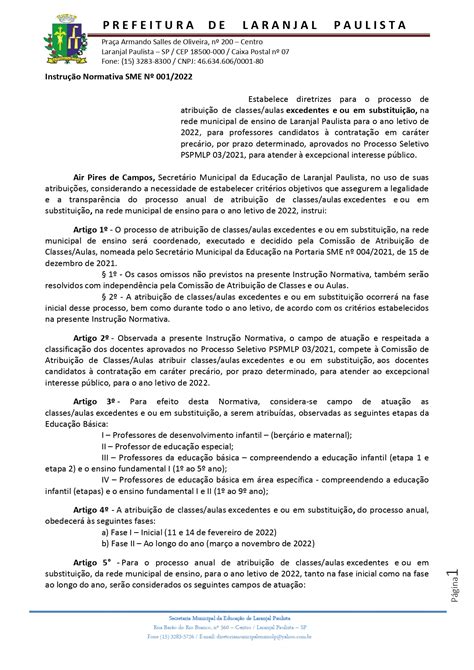 Instrução normativa SME nº 001 2022 Prefeitura do Município de