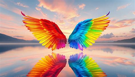 Rainbow Wings Serene Sunset Reflection Stock Illustration