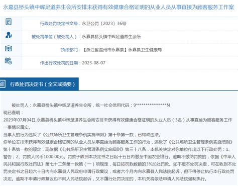 桥头镇一足浴会所，摊上事了！处罚服务养生