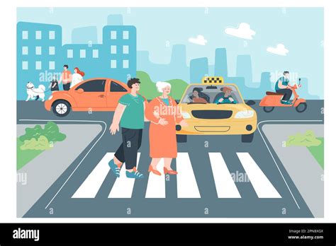 Cartoon Man Helping Old Lady Across Street Stock Vector Image And Art Alamy