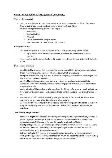Week 1 Lecture Notes Week 1 Introduction To Cybersecurity Governance What Is Cybersecurity
