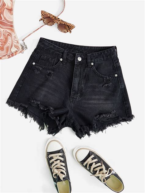 SHEIN Ripped Raw Cut Asymmetrical Hem Denim Shorts SHEIN USA